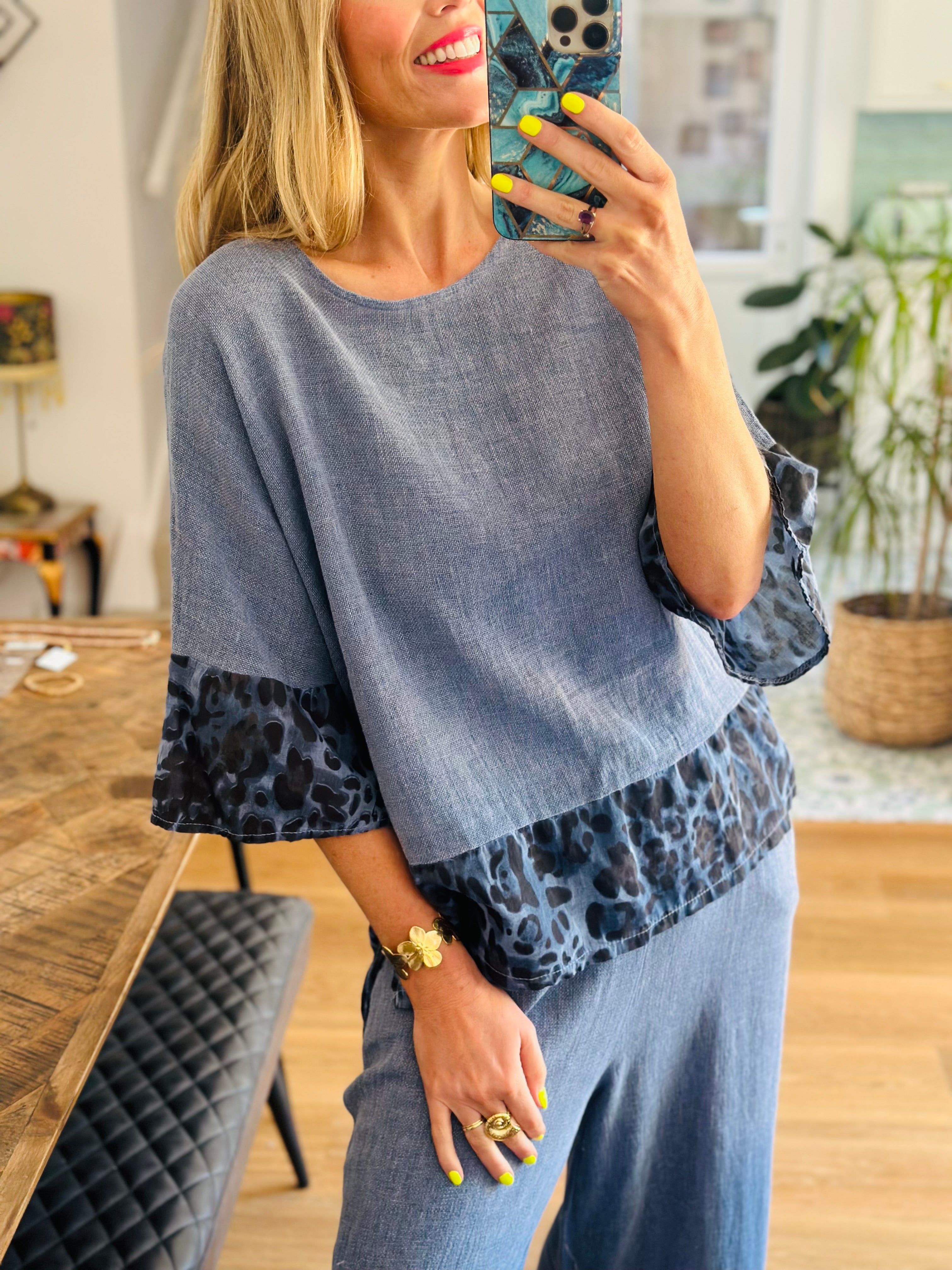 Washed Linen Indigo Leopard Top - Palmaira Sandals Menorcan Avarcas