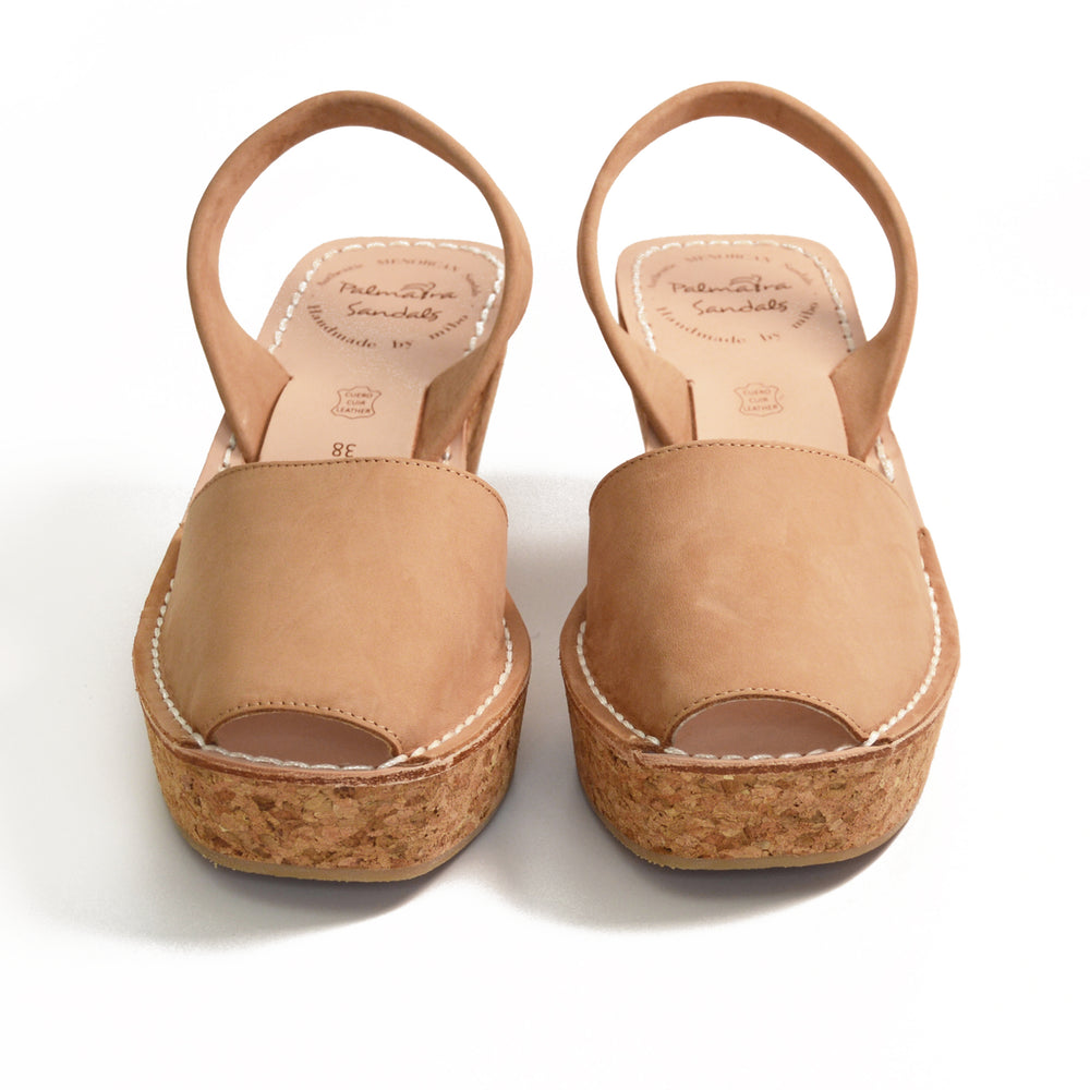 Tan Nubuck Cork Wedge Mid Height Avarca Sandals - Palmaira Sandals ...